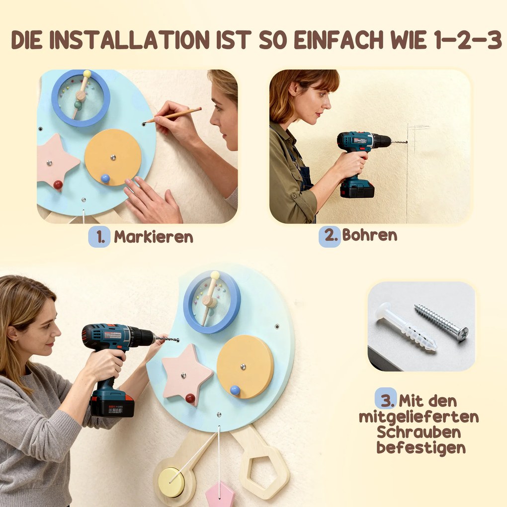AIYAPLAY 7v1 nástěnné hračky, xylofon, ozubená kola, design housenek, MDF, 108 cm, barevné