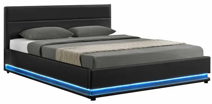 Manželská postel s LED osvětlením, černá, 160x200, BRIGET