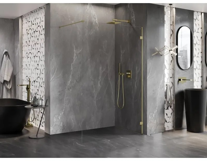 Mexen Lunar sprchová stěna pravá 150 x 200 cm, 8mm čiré sklo, zlatá matná, 830-150-000-55-00-P