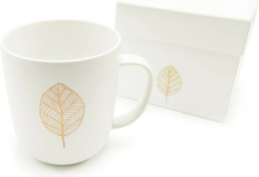Porcelánový hrnek Pure Gold, bílý, 400 ml – tichý luxus, motiv zlatého listu, matný povrch
