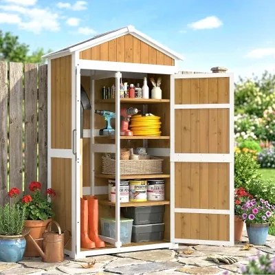 Outsunny zahradní skříň Nepromokavá venkovní skříň s kovovou střechou, dvoukřídlé dveře pro zahradní nářadí 105x55x179 cm, přírodní