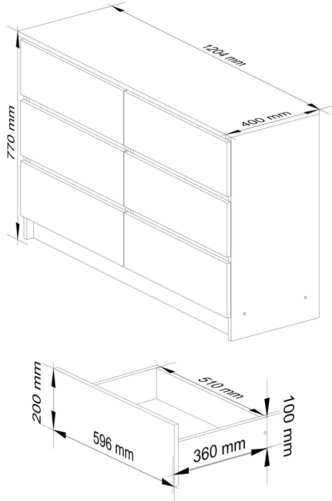 Komoda Kuba 120 cm 6 šuplíků bílá/červená