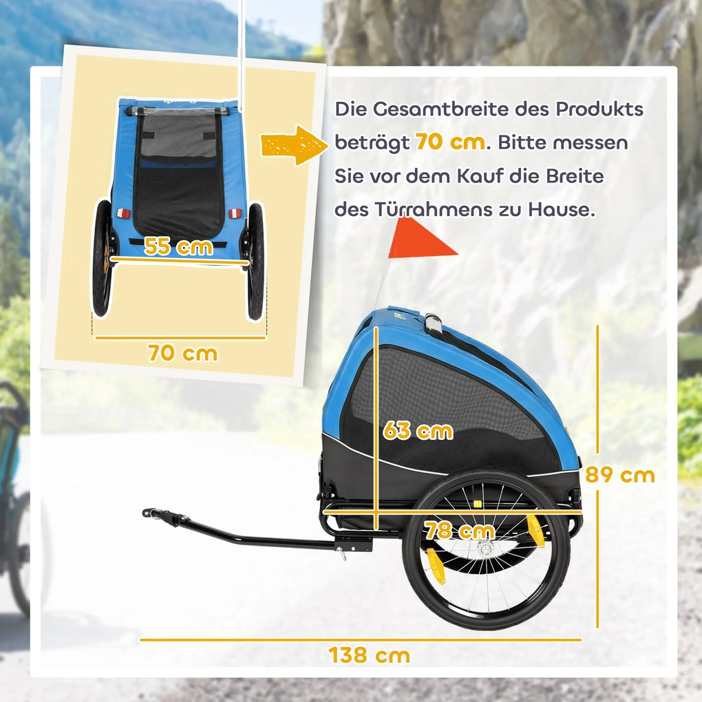 PawHut Skládací přívěs pro psy s odrazkami Okno ze síťoviny Kolečka Dveře Bezpečnostní praporek pro psy do 20 kg 138x70x89 cm Modrá barva