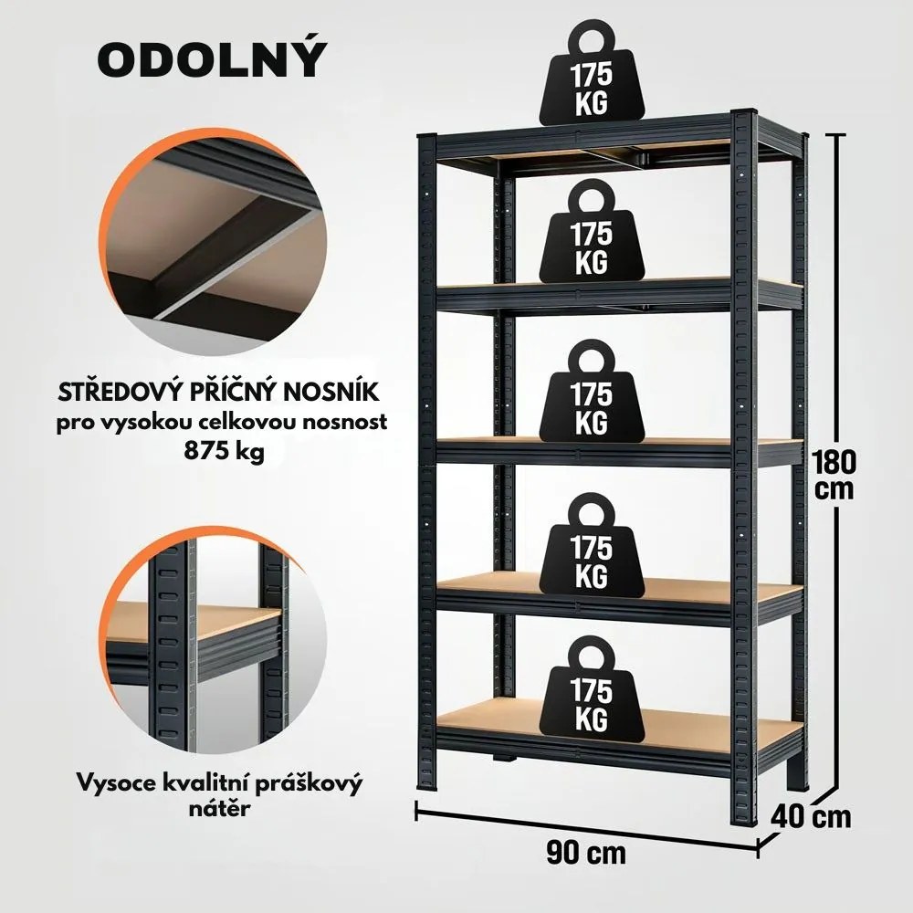 Regál s vysokou nosností HEAVY, max. 875kg, 90x40x180cm, černá Jurhan