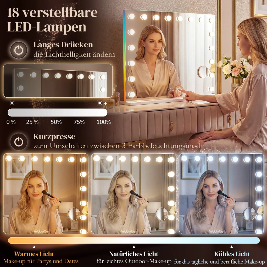 HOMCOM Hollywood make-up zrcadlo s 18 stmívatelnými LED lampami, 3 barvy, RGB světlo, Bluetooth reproduktor, 10x zvětšení, bílé