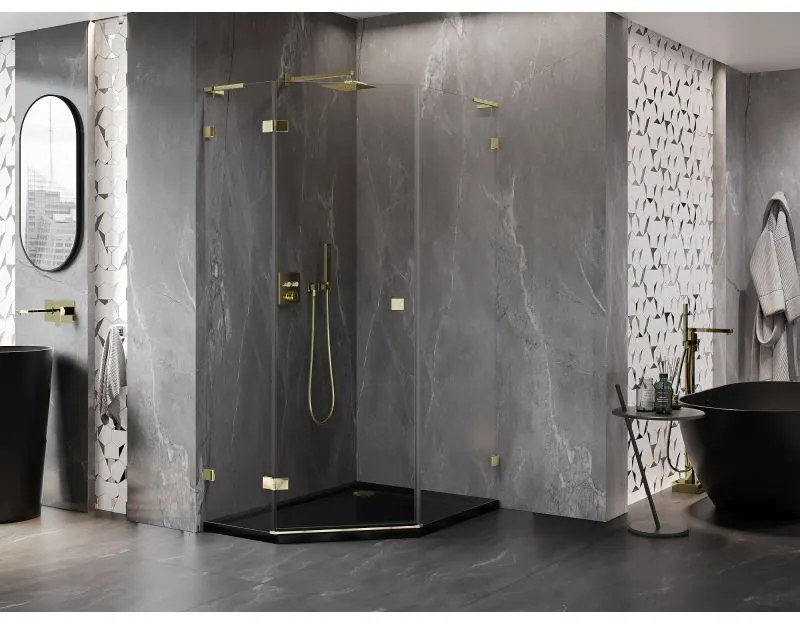 Mexen Lunar, L pětiúhelníkový sprchový kout naklápěcí doleva 80 x 100 cm, 8mm čiré sklo, zlatý profil, 831L-080L-100P-50-00-L