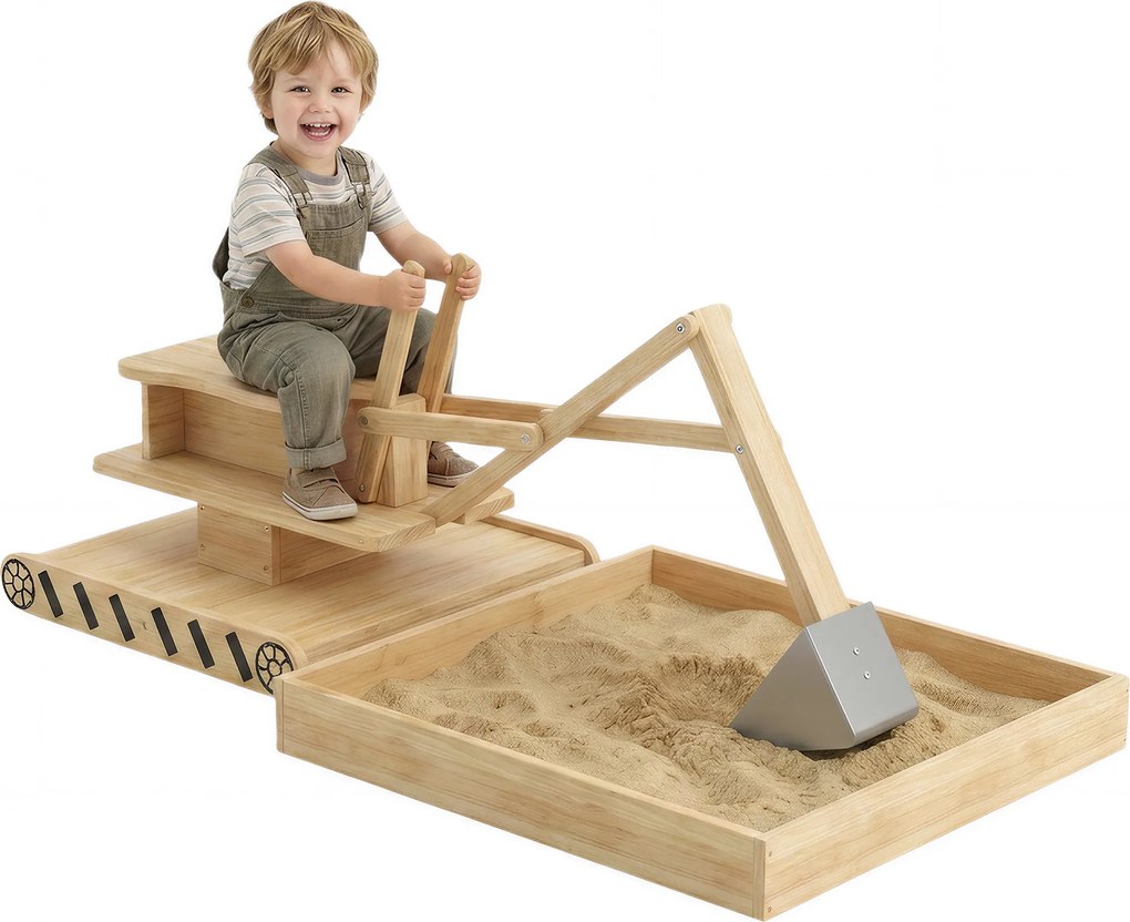 Pískoviště AIYAPLAY pro děti ze dřeva s bagrem, dětské pískoviště s 360° otočným sedadlem a výstelkou 184x90x56 cm přírodní