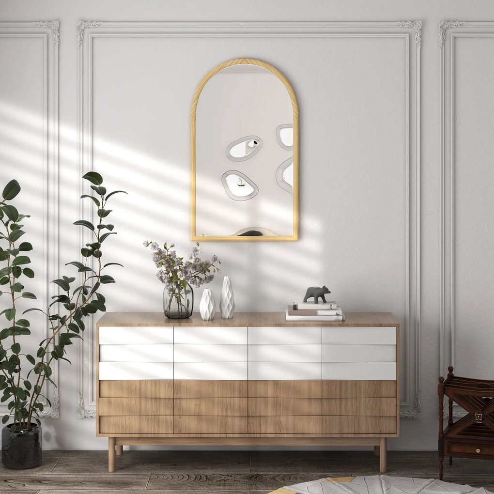 HOMCOM nástěnné obloukové zrcadlo, 110 x 65 cm, dřevěný rám, obloukové zrcadlo pro obývací pokoj, ložnici, vstupní prostor, přírodní dřevo