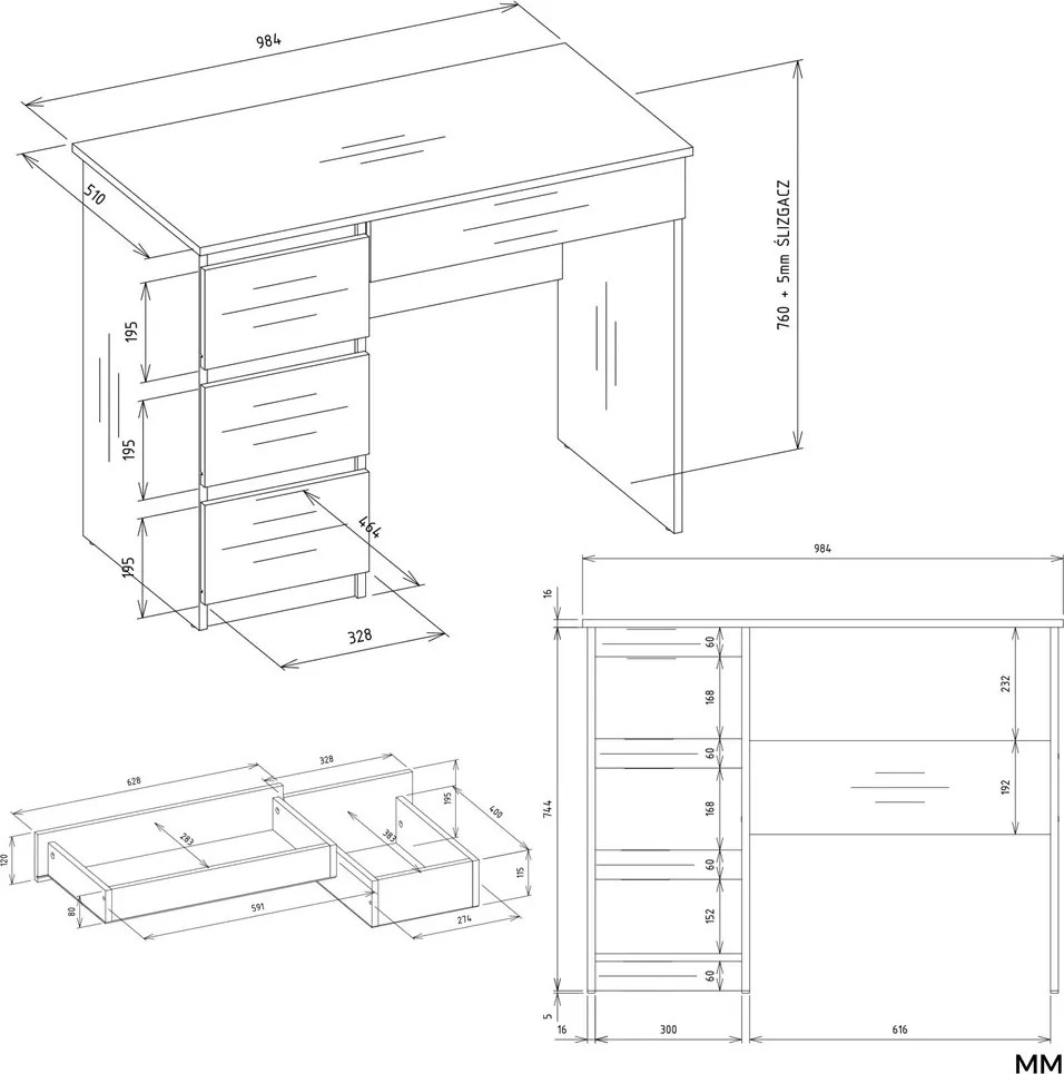 Psací stůl s nástavbou MIJAS levý matně bílý