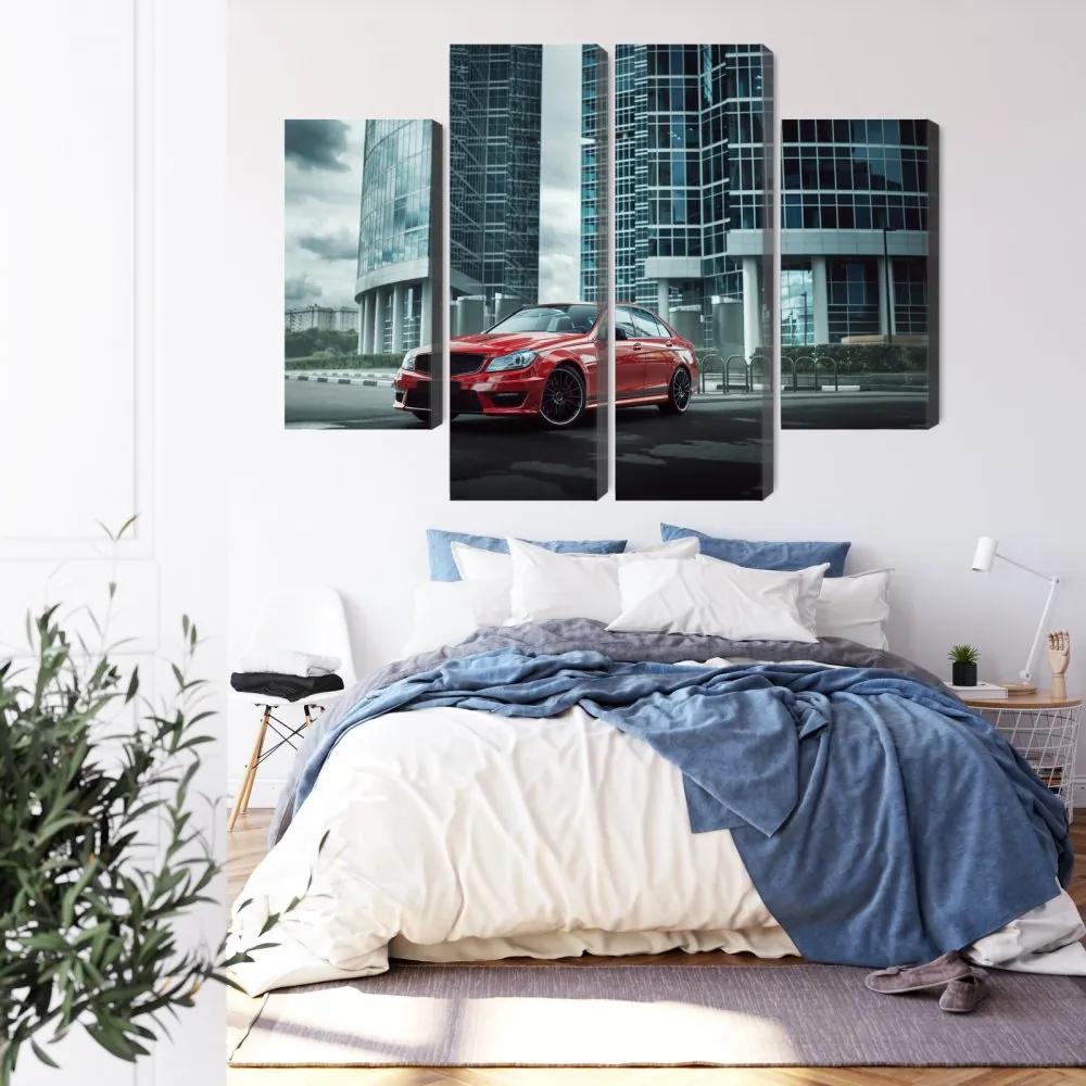 Vícedílný obraz Červené Auto Na Pozadí Moderních Mrakodrapů Nedostatek Nedostatek Přírodní plátno 160x120