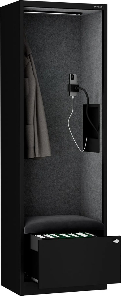 Kancelářská akustická kabina se sedátkem a USB-C portem, korpus černý / sedák tmavě šedá, 600 mm: SALLY MentalBox