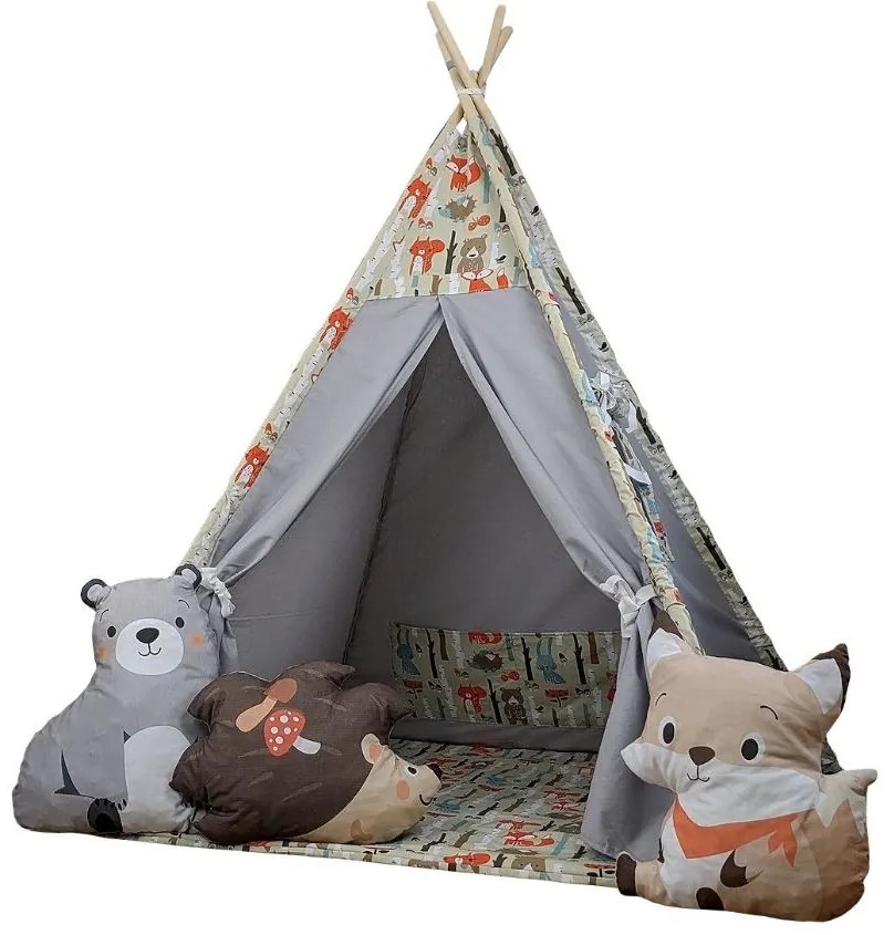 Dětský stan TEEPEE (TÝPÍ) ANIMALS s doplňky - LESNÍ ZVÍŘÁTKA - šedý/béžový