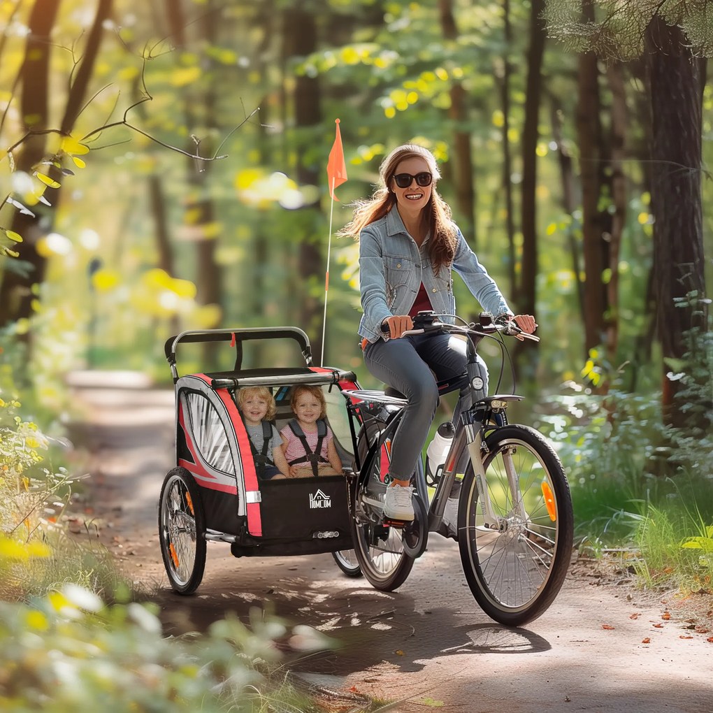 Dětský přívěs na kolo HOMCOM 2 v 1 s odpružením, síťovanými dvířky, předním kolem otočným o 360° a brzdou, červeno-černý, 142x75x101cm