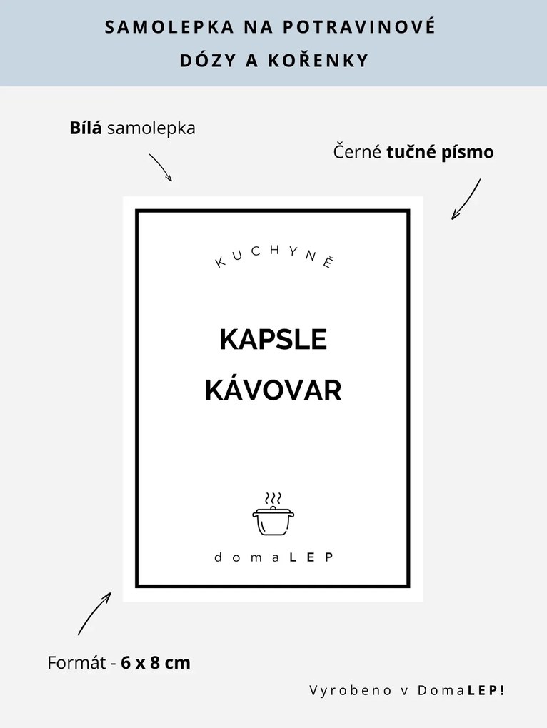 KAPSLE KÁVOVAR – bílá samolepka na dózu, tučné písmo, 6 × 8 cm | DomaLEP