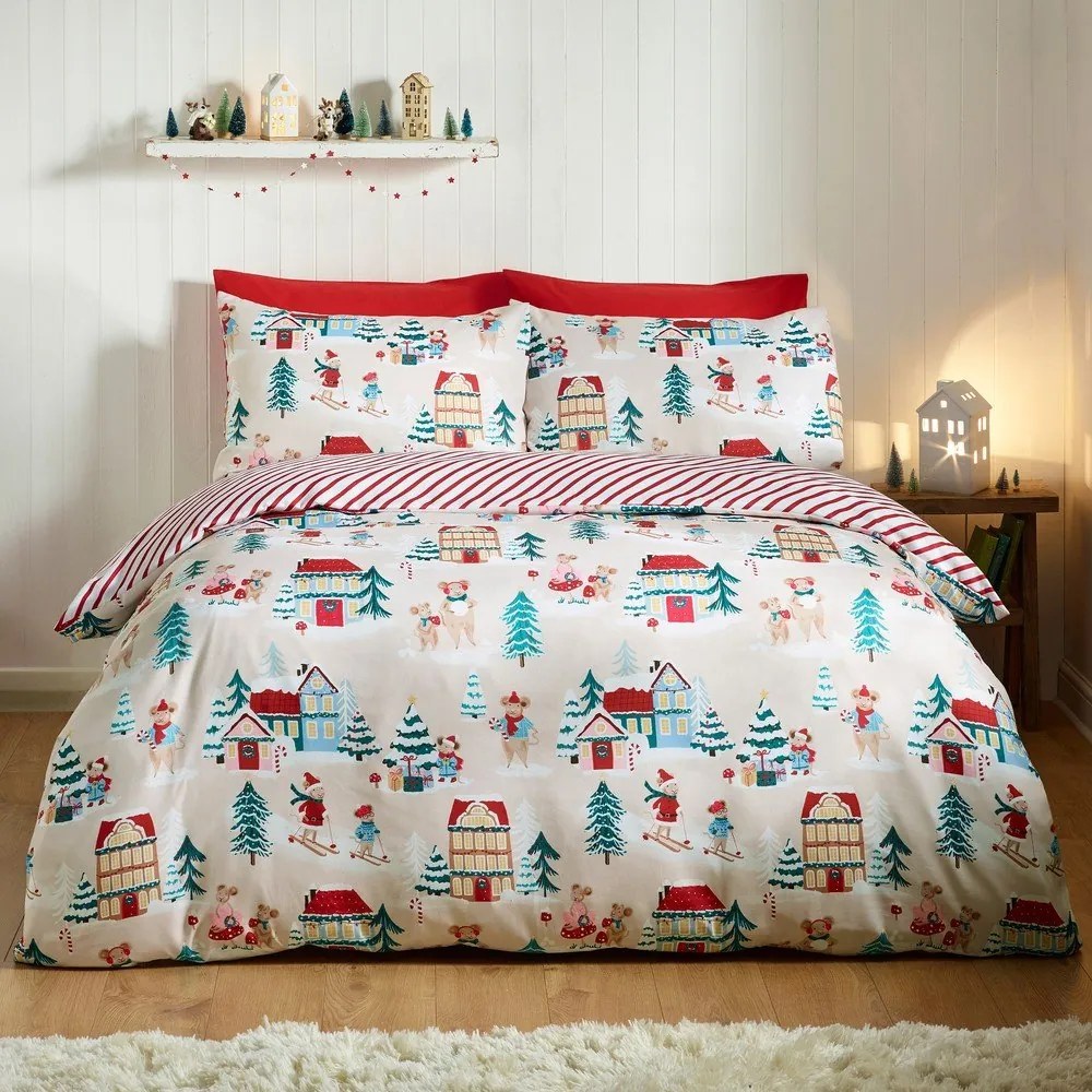 Povlečení na dvoulůžko 230x220 cm Christmas Mouse Town – Catherine Lansfield