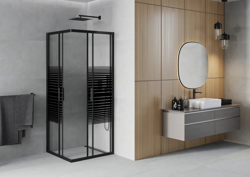 Mexen Rio, čtvercový sprchový kout 80(dveře)x80(dveře)x190 cm, 5mm čiré sklo-vzor pásky, černý profil 860-080-080-70-20