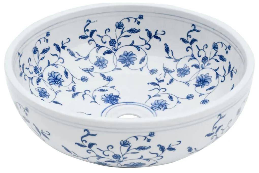 Umyvadlo na desku bílé a modré kulaté Φ 41 x 14 cm keramika,  155049