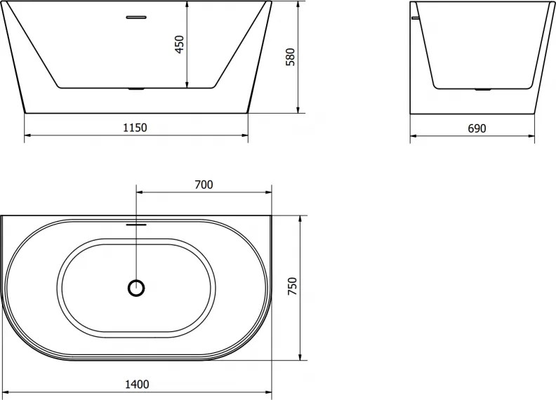 Mexen Oval, volně stojící nástěnná vana 140 x 75 cm, bílá, černý matný přepad, 52671407500-70