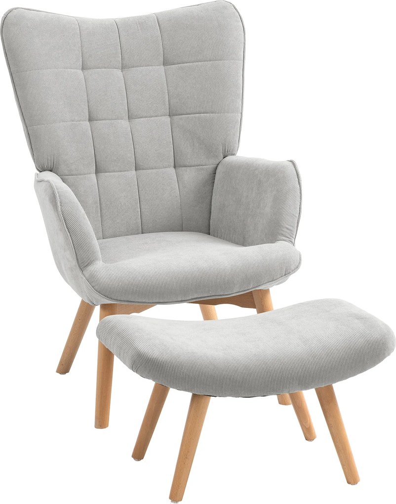 Křeslo HOMCOM s ottomanem, křeslo s vysokým opěrákem, dřevěné nohy, lounge křeslo s prošívaným designem, vzhled sametu, pro obývací pokoj, šedé | Aoso