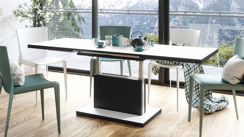 ASTON bílý černý, rozkládací, zvedací konferenční stůl, stolek, černobílý