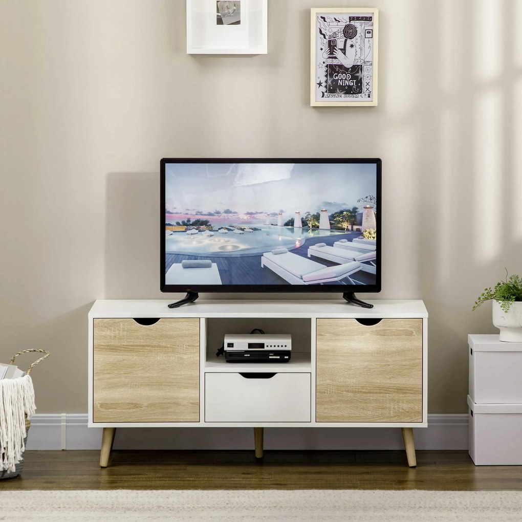 HOMCOM TV Stolek s Šuplíkem, 2 Dveřmi a Komorou pro Televize do 50 Palců, Dezén pro Obývací Pokoj a Ložnici 110x40x50 cm Bílý a Přírodní