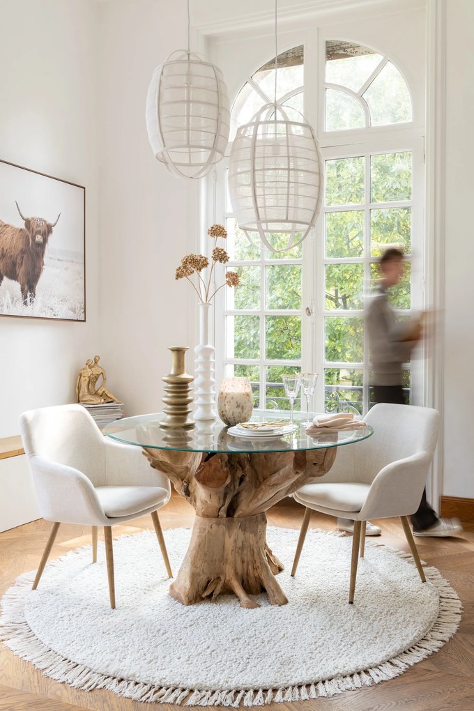 Přírodní jídelní stůl z teakového dřeva a skleněnou deskou na kmeni Raoul teak - Ø140*75cm