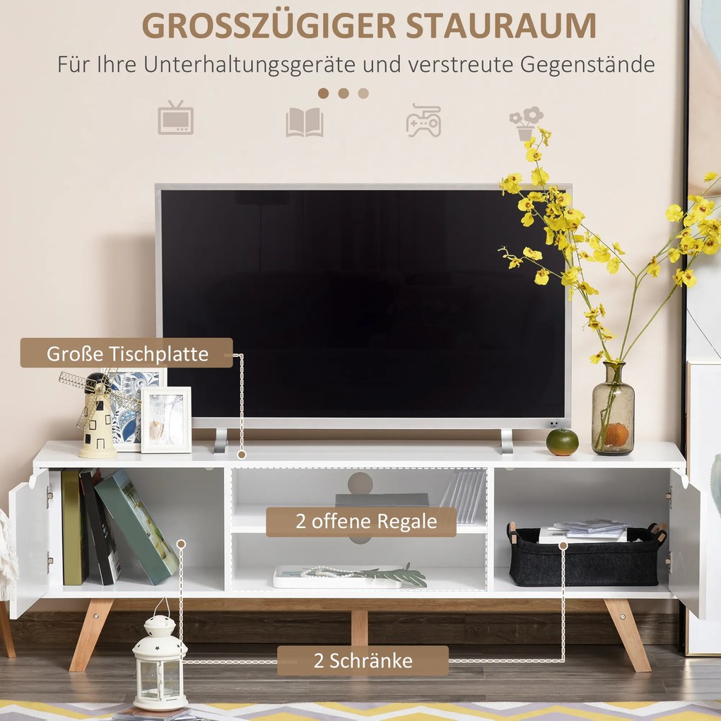 HOMCOM Moderní TV Stolek pro Televize do 65 palců s 2 Dveřmi, 2 Otevřenými Policemi a Dřevěnými Nohami 150x39x50 cm Bílý