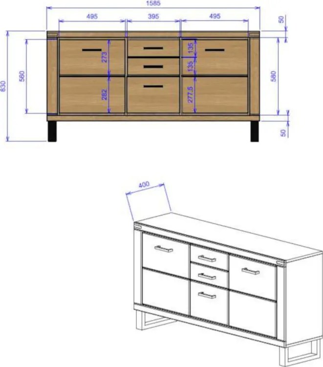 Komoda Cromo 3s/2d — dub, 158,5 × 82 × 40 cm
