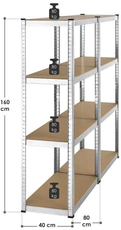 Kovový regál Easy 2 ks 160x80x40 cm, 4 police, nosnost 640kg