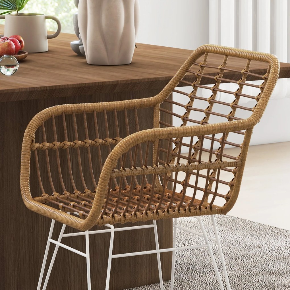 HOMCOM Sada 2 ratanových jídelních židlí, nosnost 120 kg, ergonomické, s opěradlem, ocelové nohy, boho styl, 56 x 60 x 79 cm, přírodní| Aosom