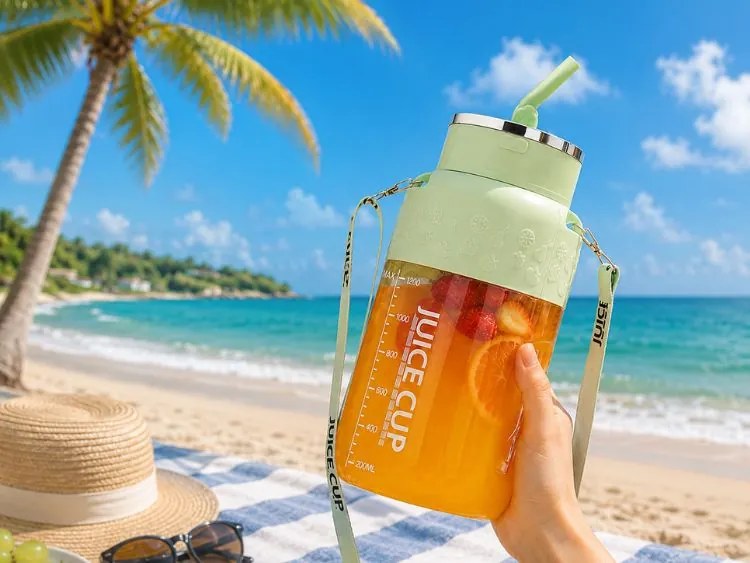 Verk Group Láhev s mixérem usb 1200 ml, hrnek na smoothie, šejker se slámkou a páskem
