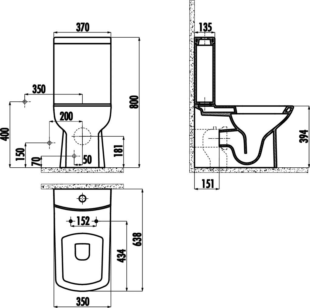 CREAVIT CREAVIT, LARA WC kombi, spodní/zadní odpad, splachovací mechanismus, černá matná, LR360-01