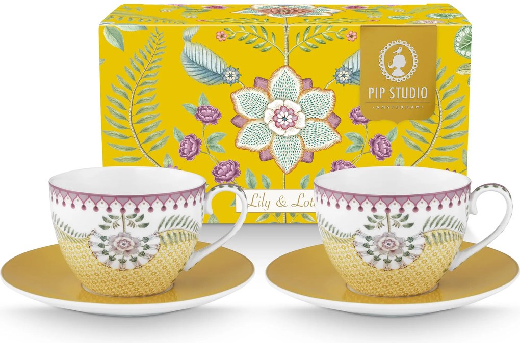 Pip Studio Lily &amp; Lotus sada 2ks cappuccino šálků s podšálky 270ml, žlutá (sada 2 cappuccino šálků v dárkovém balení)