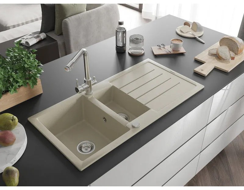 Mexen Andres, granitový dřez 1000x500x200 mm, 1,5-komorový + chromová baterie Duero, béžová, 6515-69-671600-00