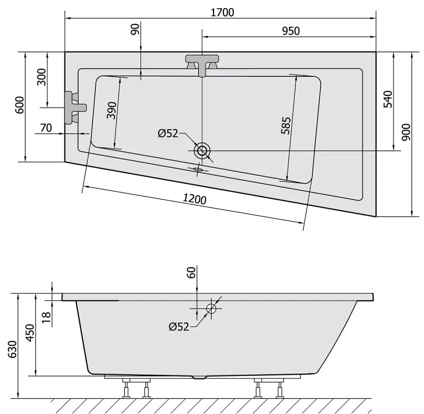 Polysan ANDRA R SLIM asymetrická vana 170x90x45cm, bílá 81511S