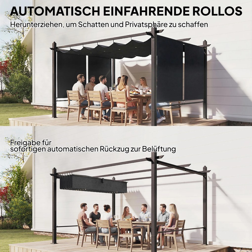 Pergola 3 x 4 m s posuvnou střechou, automaticky zatahovací rolety, hliníkový rám UV50+