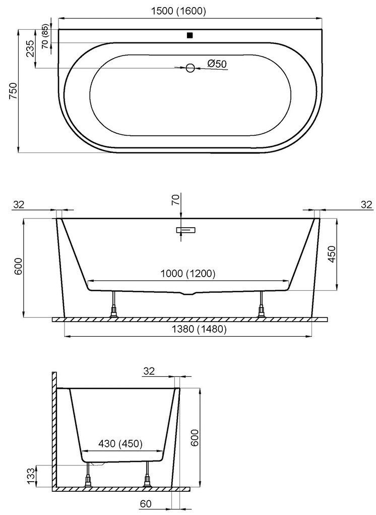 Polimat Akrylátová volně stojící vana ke stěně Sola 150x75 Barva: Bílá/granat, Rozměry (cm): 150x75