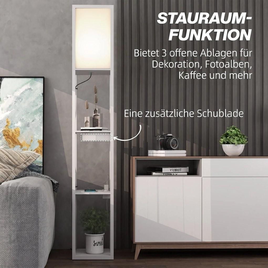 HOMCOM Stojací lampa s 3stupňovou policí, nožní spínač, USB porty, MDF, bílá