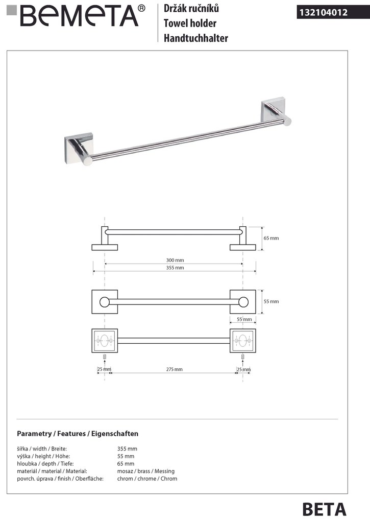 Bemeta Design BETA: Držák ručníků, 300 mm - 132104012