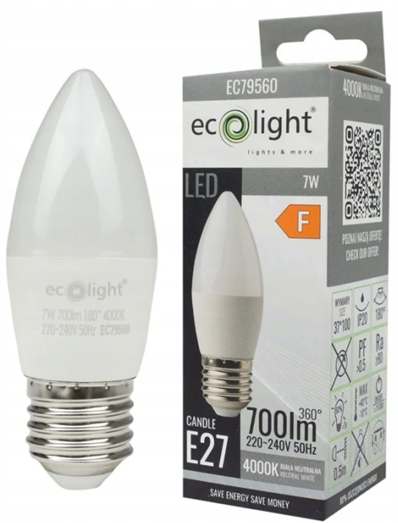 ECOLIGHT LED žárovka E27 7W C37 4000K 700lm - neutrální bílá
