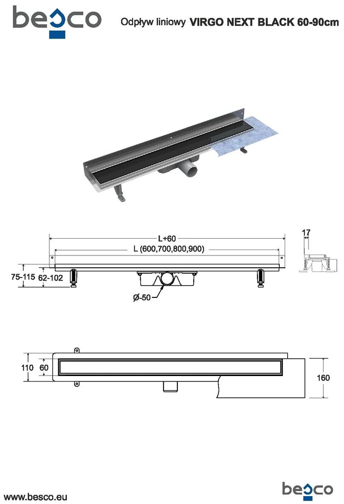 BESCO Odtokový žlab VIRGO NEXT BLACK Rozměr A - 70 cm - ZLOL70VNB