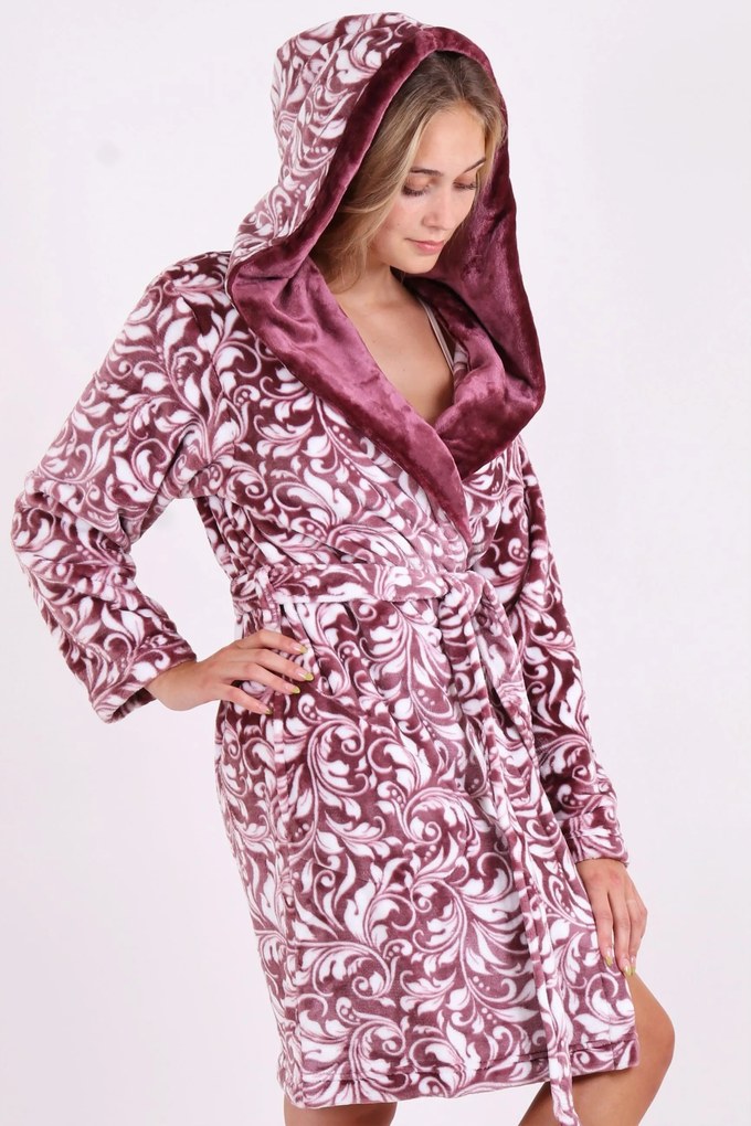 Krátký dámský župan s kapucí Flora mauve wine 48 56 4803 - XXL