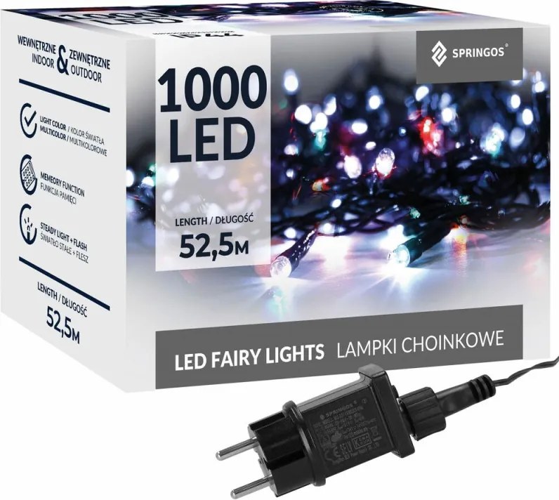 LED světelný řetěz - 52,5m, 1000LED, 8 funkcí, paměť, IP44, multicolor
