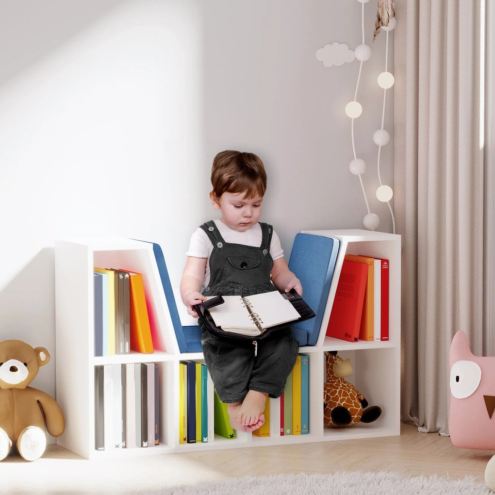 HOMCOM Knihovna s lavicí 2 v 1 Moderní design 6 oddílů 3 polštáře 102Š x 30H x 61V cm Bílá Modrá