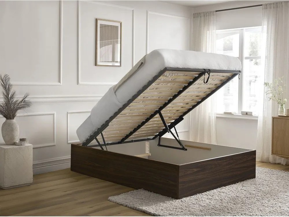 Tmavě hnědá dvoulůžková postel z dřevotřísky v dekoru břízy s úložným prostorem/bez čela s roštem 180x200 cm Mara – Bobochic Paris