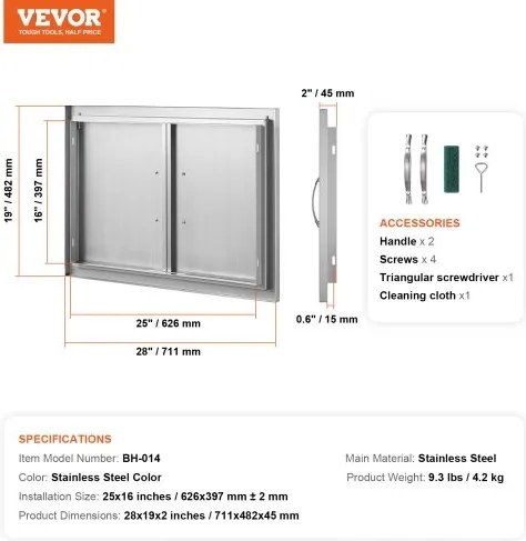 BBQ přístupová dvířka, 711 × 482 mm dvojitá venkovní kuchyňská dvířka