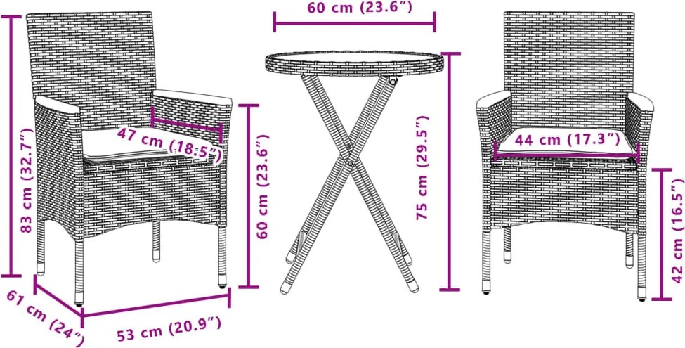 3dílný bistro set s poduškami černý polyratan a sklo 3278753