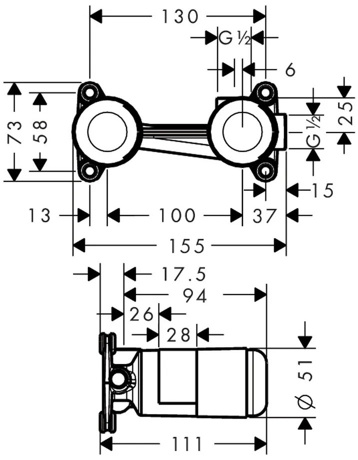 HANSGROHE Hansgrohe, základní těleso pro umyvadlovou baterie pod omítku, 13622180