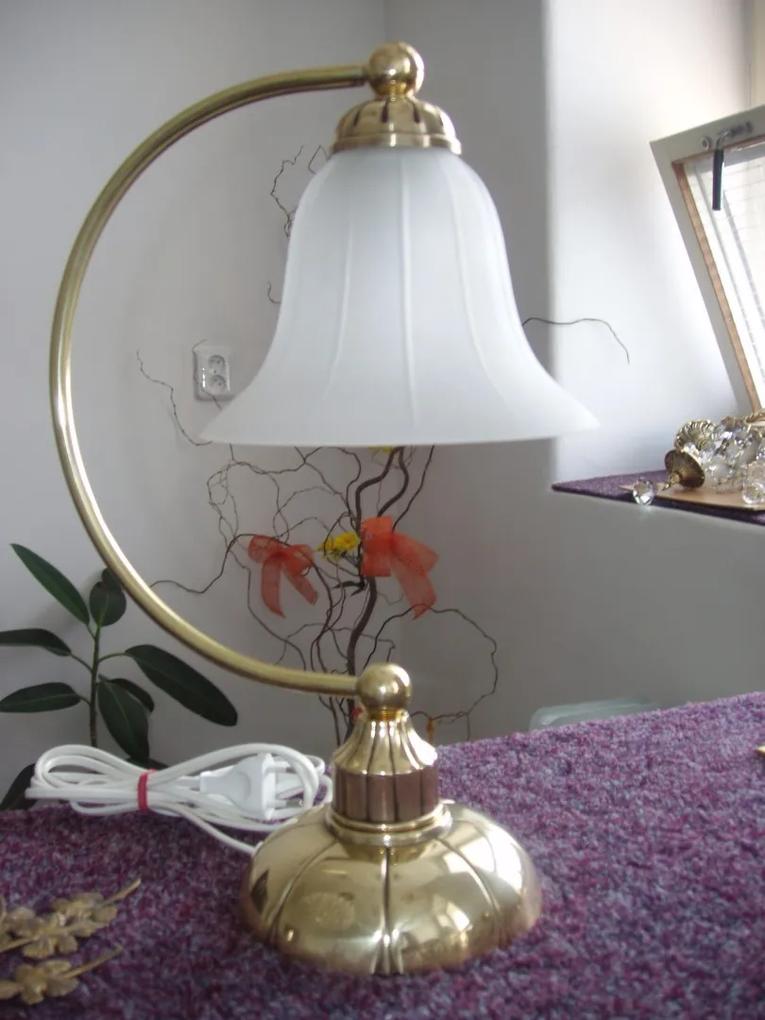 Mosazná stolní lampička s cylindrem z bílého pískovaného skla