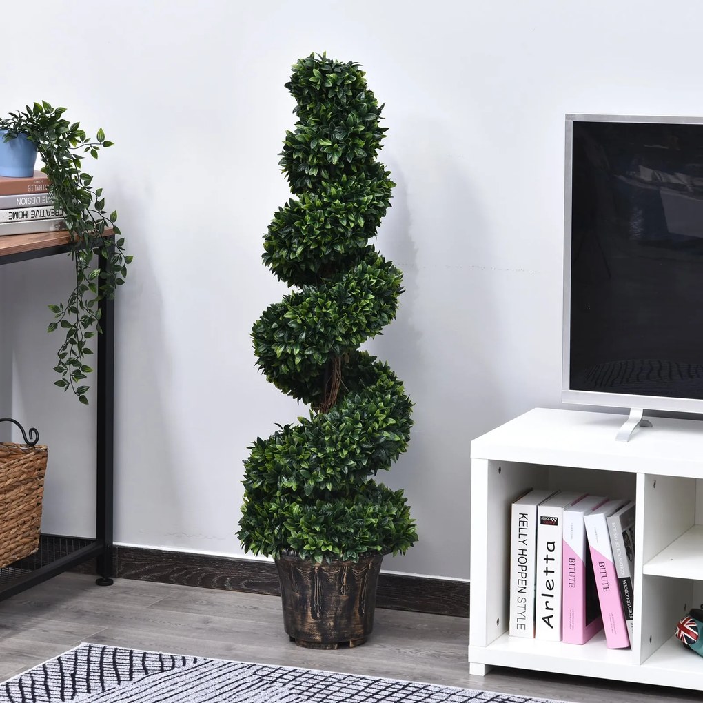 Umělý spirálový buxus Outsunny (Ø32cm x 120cm), Zelená dekorace pro interiér a exteriér, vč. květináče